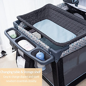 5 in 1 Multifunctional Pack and Play,Qutanix Foldable Baby Crib with Bassinets,Changing Table,Newborn Napper with Canopy,Diaper Stacker,Baby Playpen for Babies and Toddlers