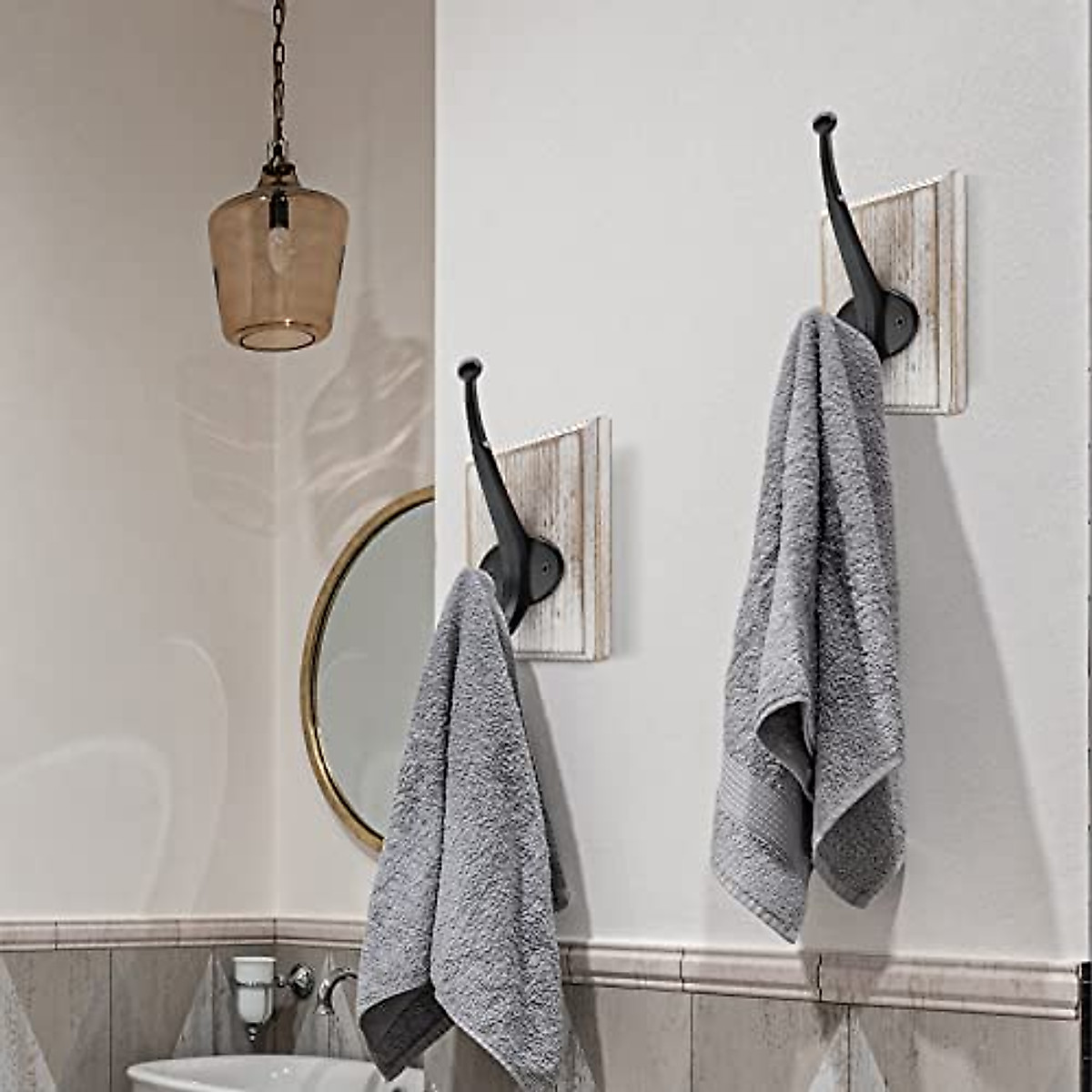Lomuke Towel Hooks for Bathroom Wall Mounted, 2 Pack Farmhouse Rustic Wall Hooks for Hanging Coat Robe Hat Keys, Heavy Duty Wood Black Hooks for Entryway Kitchen Bedroom Decorative (Weathered White)