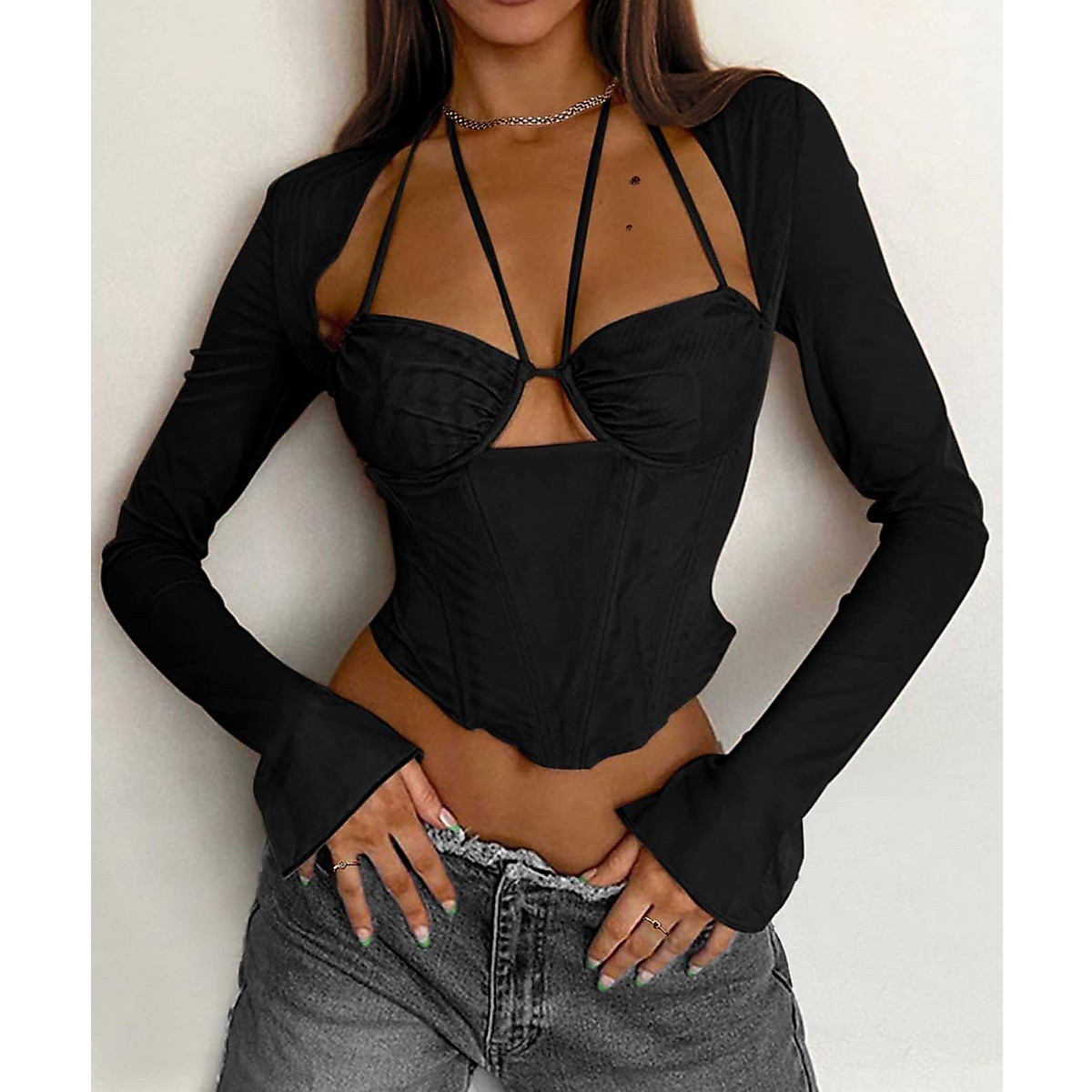 SOFIA'S CHOICE Women's Mesh Long Sleeve Crop Top Sexy Tie Back Asymmetrical Halter Cami