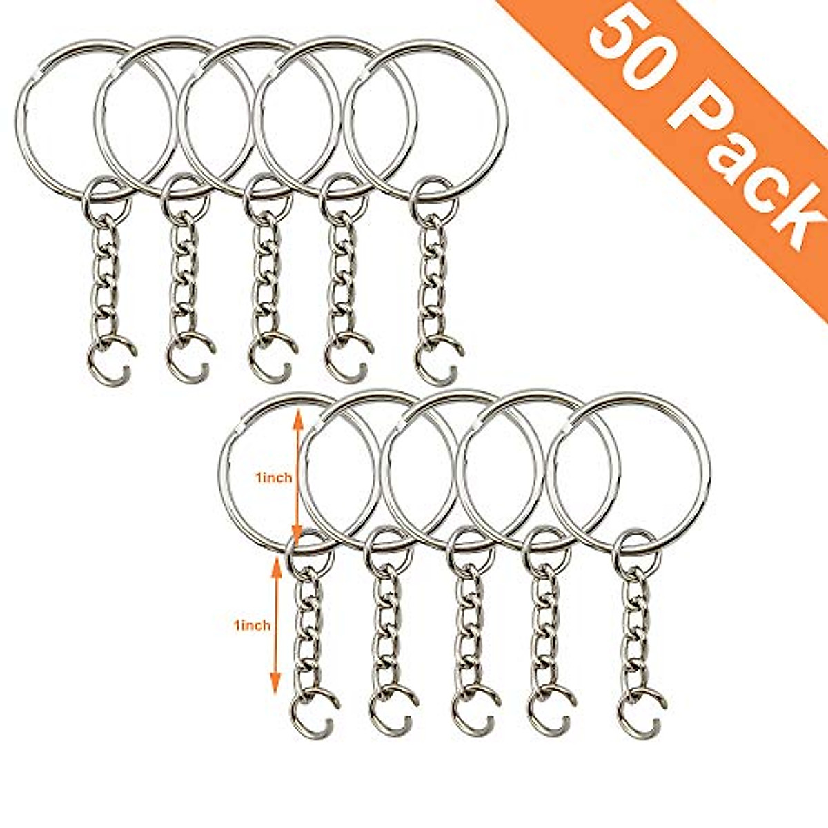 Key Ring with Chain and Open Jump Rings 1 inch, 50 Pack
