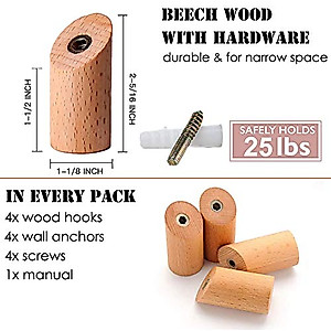 Felidio Wood Wall Hooks, 4 Pack Coat Hooks Wall Mounted Rustic Wooden Hooks Heavy Duty Robe Hook Hat Rack | Hooks for Hanging Bathroom Towels Clothes Hanger (Beech Wood)