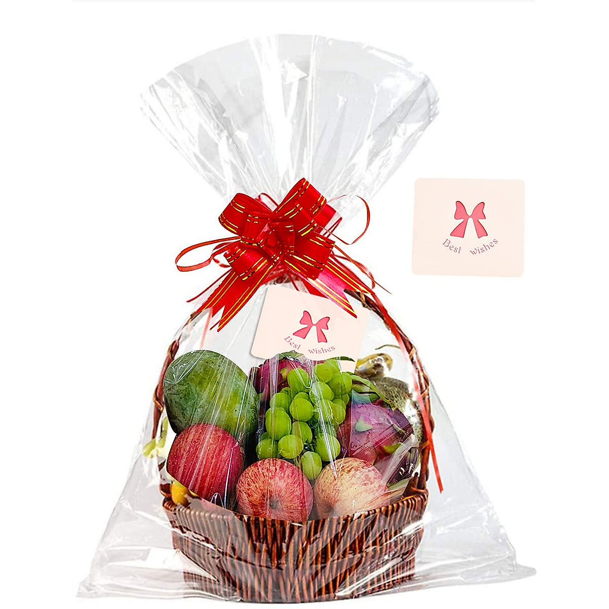 NUIBY 12 Pack 30"x40" Clear Basket Bags Package Bags Large Clear Cellophane Wrap for Baskets and Gifts, with Ribbon Bows and Greeting Cards (1.6 Mil) (30W x 40L)