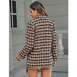 MEROKEETY Women's Long Sleeve Notch Lapel Fashion Plaid Jacket Coat Open Front Pockets Blazer Suit, Brown, L