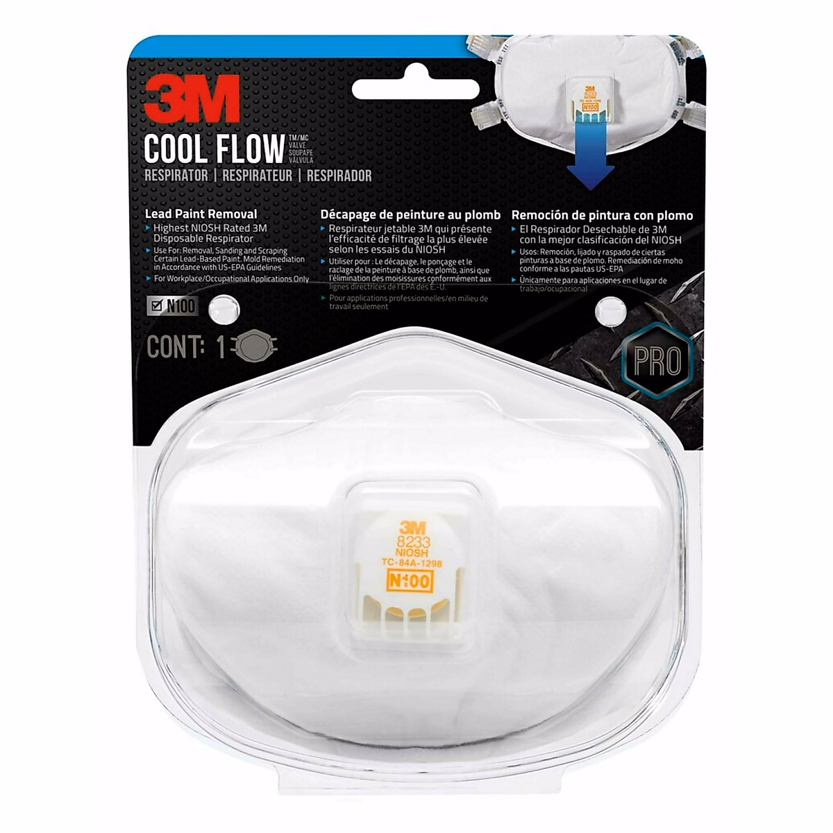 3M N100 Lead Paint Removal Valved Respirator 8233, 1 Pack, COOL FLOW Exhalation Valve, NIOSH-APPROVED, Advanced Filter Media For Easy Breathing, Adjustable Noseclip, Soft Foam Faceseal (8233PA1-B-PS)