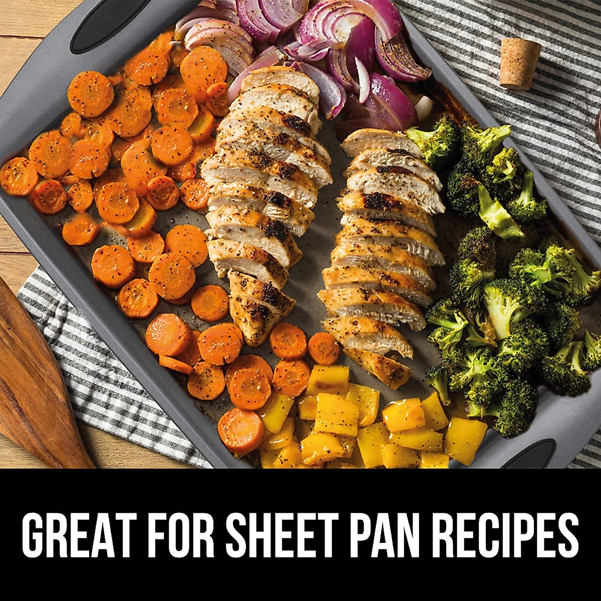 Gorilla Grip Non Stick Jelly Roll Baking Pans, Thick Warp Proof, 3 Piece, Durable Silicone Handles, Kitchen Oven Pan Bakeware Set, Cooking, Roasting Sets, Easy Clean, Set of 3, Black