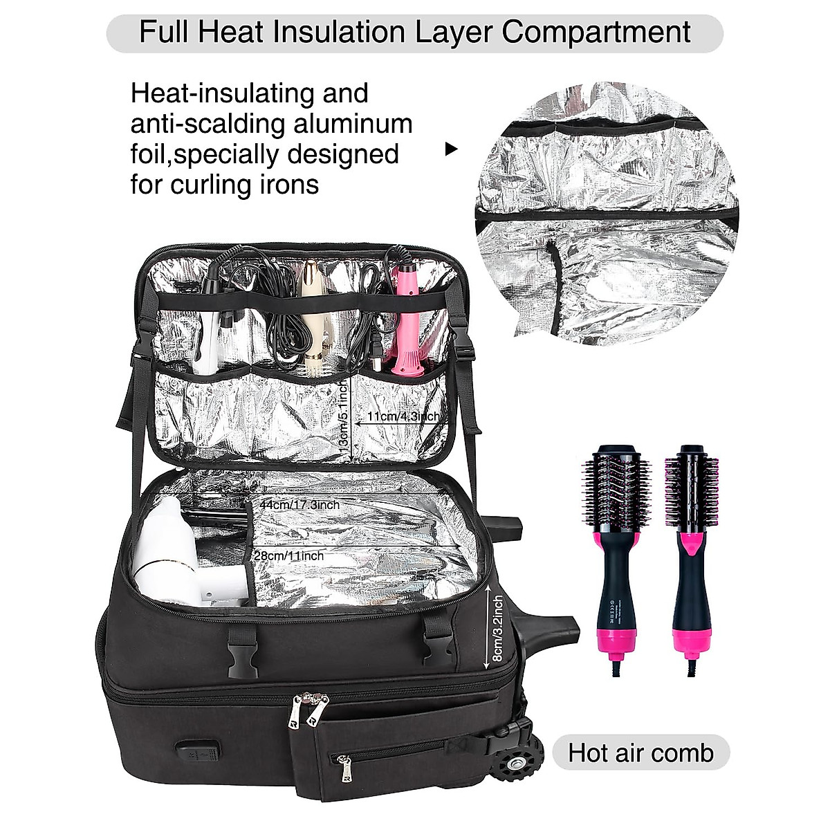Relavel Barber Travel Backpack, Rolling Makeup Train Case Hairstylist Traveling Bag for Hairdressers and Makeup Artists, Heat Insulation Layer and Adjustable Dividers Cosmetology Case on Wheels