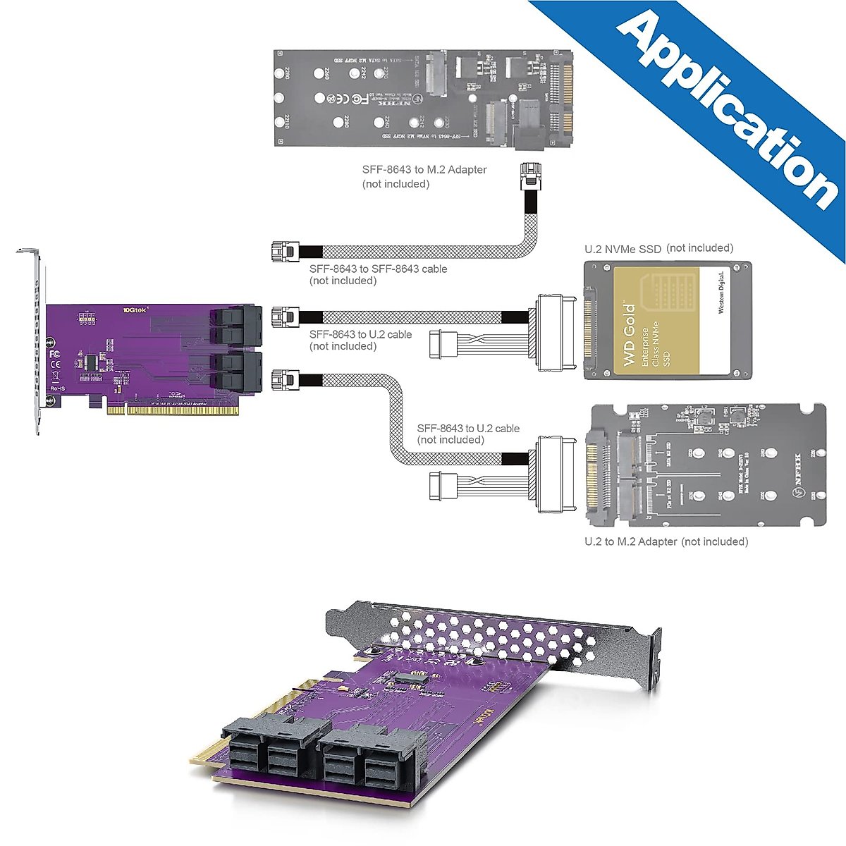 PCIe to SFF-8643 Adapter for U.2 SSD, X16, (4) SFF-8643，Requires Motherboard BIOS Support for Bifurcation. Support Windows 10/2016/2019, REHL/Cent0S 7/8, VMware ESXi 6/7, Ubuntu Linux 18/20/21, etc.