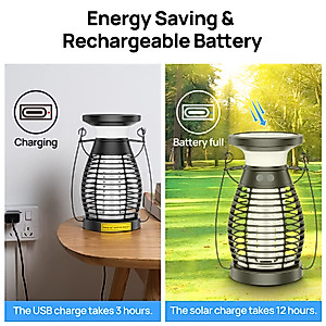 Solar Bug Zapper Outdoor Waterproof, Meilen Mosquito Zapper, Rechargeable Cordless Gnats Mosquitoes Flies Moths Killer for Camping Backyard Kitchen Home Garden (Solar Power)