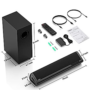 Saiyin Sound Bars for TV with Subwoofer, 2.1 Deep Bass Small Soundbar Monitor Speaker Home Theater Surround System PC Gaming Bluetooth/AUX/Optical Connection, Wall Mountable 17-inch