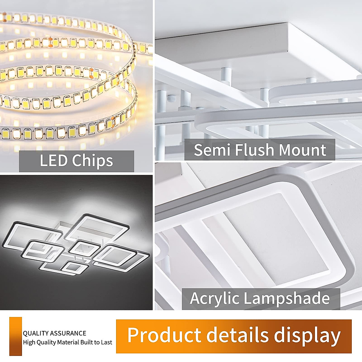 Shine LUEST Modern Dimmable LED Ceiling Lights, White Flush Mount Light Fixtures with Remote Control, Large Square 8-Ring Lamps for Living Room, Bedroom, 100W