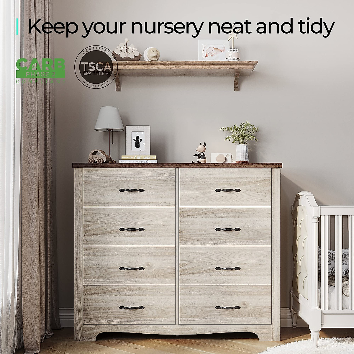 LINSY Home 8 Drawer Dresser, White Dresser for Bedroom, Farmhouse Dresser Organizer, Chest of Drawers for Nursery,Baby,Kids Bedroom