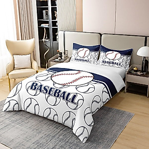 Baseball 100% Nature Cotton Duvet Cover,Hand Drawn Baseball Pattern Print Ball Game Bedding Set for Room Decor,Sport Theme Kids Adults Baseball All Season Bedding with Zipper Closure Full Size
