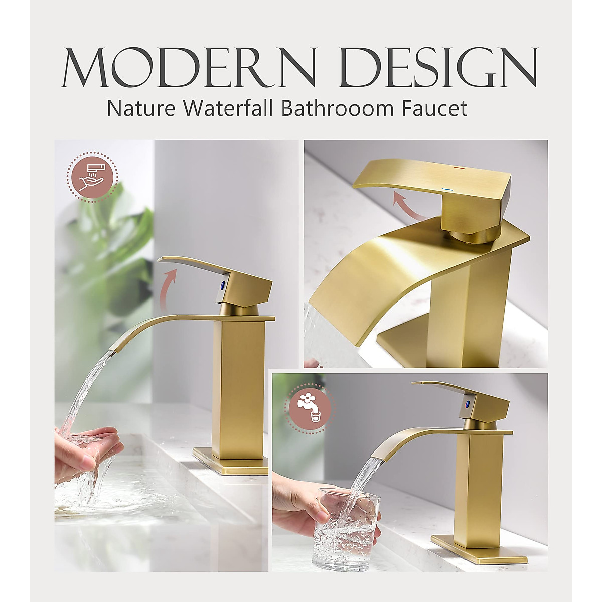 YardMonet Gold Bathroom Faucets, Modern Single Hole Bathroom Faucet Waterfall Spout Bathroom Faucet Brushed Gold Bathroom Sink Faucet with Drain Assembly and Lead-Free Hose