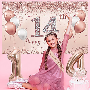 Trgowaul 14th Birthday Decorations Party Set for girls, Rose Gold 14 Birthday Banner and Tablecloth, 14 & Fabulous Sash and Tiara, 1PC Happy 14th Birthday Cake Topper, Pink Gold 14 Number Balloons