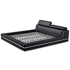 ZURI Hera Genuine Black Leather Platform Bed with Adjustable Headrests - Queen