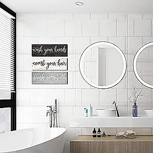 Creoate Bathroom Rules Wall Decor, Set of 3 - Wash Your Hands, Brush Your Teeth, Comb Your Hair - Decorative Rustic Wood Farmhouse Bathroom Wall Decor, Small