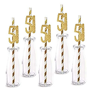 51st Birthday Paper Straw Decor, 24-Pack Real Gold Glitter Cut-Out Numbers Happy 51 Years Party Decorative Straws