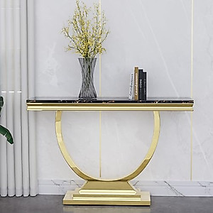47 Inch Marble Console Table w/Gold U-Shaped Stainless Steel Base Mid-Century Modern Entryway Table for Living Room Hallway Luxury Foyer Table Sofa Table witn High Glossy Finish (Black&Gold)