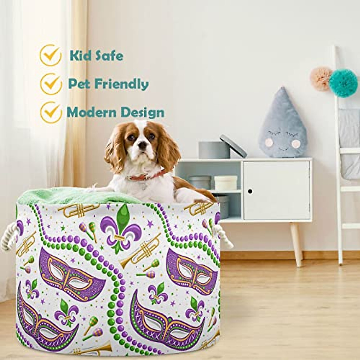 visesunny Green Mardi Gras Bead Purple Venetian Mask Music Instrument Laundry Baskets Fabric Storage Bin Storage Box Collapsible Storage Basket Toy Clothes Shelves Basket for Bathroom,Bedroom,Nursery,