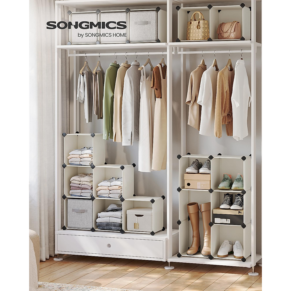 SONGMICS Cube Storage Organizer, Set of 16 Plastic Cubes, Book Shelf, Closet Organizers and Storage, Room Organization, Bedroom Living Room, 12.2 x 48.4 x 48.4 Inches, Cream White ULPC442M01