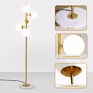 KCO Lighting 5-Light Frosted White Glass Globe Floor Lamp Mid Century Modern Gold Tall Pole Standing Light LED Standing Lamps with Foot Switch for Home Office (Gold)