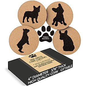Greenline Goods French Bulldog Lovers Cork Drink Coasters - Set of 4 Dog Coasters with Protective Bottom - French Bulldog Decor Coasters for Drinks - Frenchie Gift Idea for French Bulldog Moms & Dads