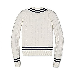 Hope & Henry Women's Organic Long Sleeve V-Neck Cricket Sweater, Large, Soft White Cable with Navy