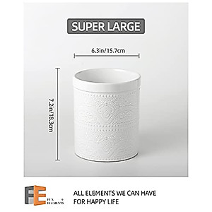 FUN ELEMENTS Kitchen Utensil Holder, 7.2" Super Large Utensil Crock Heavy and Stable Lace Emboss Ceramic Utensil Holder for Kitchen Counter (Bright White)