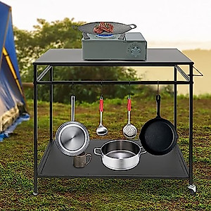 Outdoor Grill Cart, Stainless Steel Double-Shelf Movable Dining Cart Outdoor BBQ Food Preparation Table Kitchen Picnic Worktable for Backyard Grilling, BBQ, Party (Black)