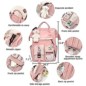 Kawaii Big Capacity Backpack with Kawaii Pin and Accessories, Cute Aesthetic Backpack Teen Girls Backpacks for School (Pink)