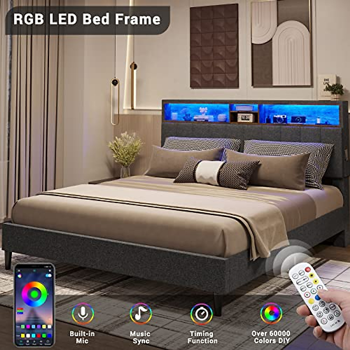 ADORNEVE Queen LED Bed Frame with Outlet and USB Ports, Queen Bed Frame with Storage Headboard, Modern Platform Bed with Storage & LED Lights, No Box Spring Needed, Easy Assembly, Dark Grey