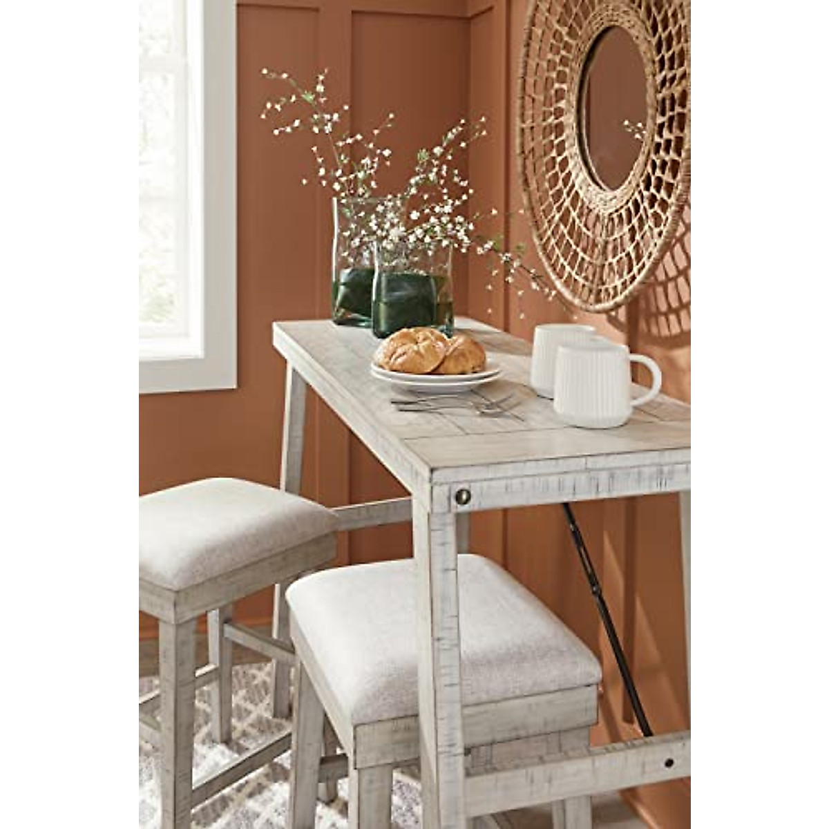 Signature Design by Ashley Carynhurst Coastal Counter Height Dining Table Set with Upholstered Bar Stools, Set of 3, White & Beige