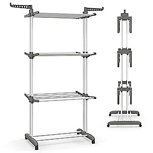Tangkula 4-Tier Clothes Drying Rack, Collapsible Laundry Rack Stand with 2 Hanger Holders, 3 Tier Retractable Trays, 1 Bottom Shoe Rack, Movable Garment Drying Station with 4 Castors (Silver)