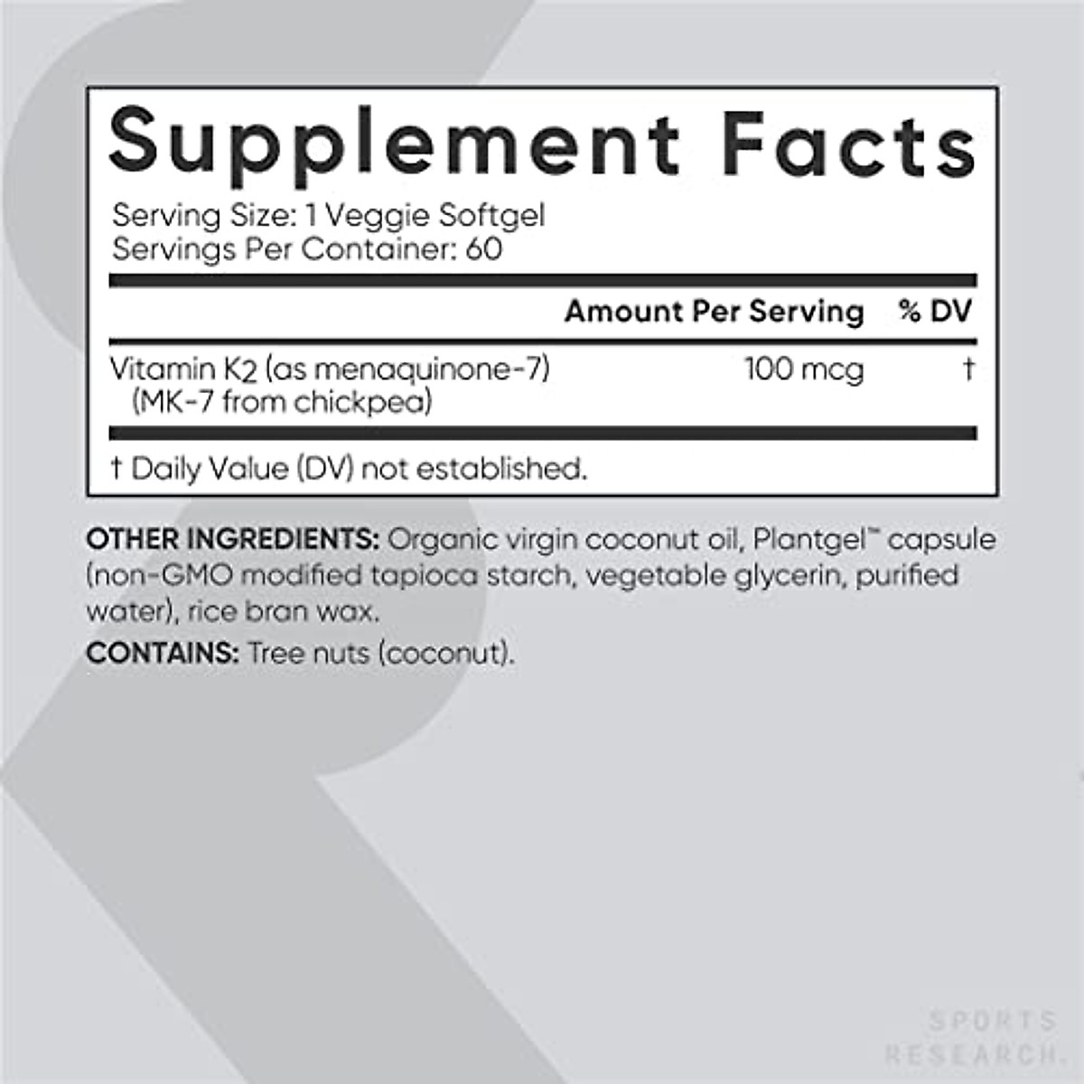 Sports Research Vitamin K2 as MK7 with Organic Coconut Oil | Made with MenaQ7 from Fermented Chickpea | Non-GMO Verified, Vegan Certified (60 Veggie-Softgels)