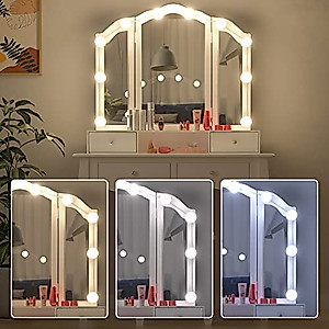 GinguoHome Vanity Set with Lighted Mirror, White Dressing Table,Makeup Vanity with Tri-Fold Mirror and 10 LED Dimmable Bulbs,Dressing Table with Cushioned Stool&4 Drawers,for Bedroom Vanity Desk White