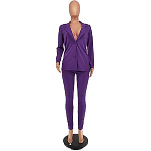 Women's 2 Piece Outfit Deep V Long Sleeve Solid Color Blazer with Pants Elegant Business Suit Sets Purple