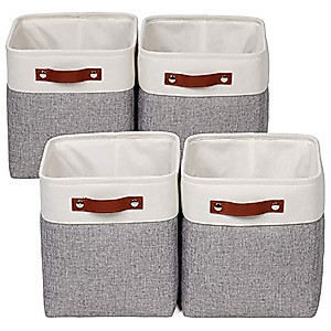 Univivi 10.5 Inch Fabric Storage Cube Bins with Hard Bottom, 4 Pack Storage Baskets with PU Handles for Shelves Closet Nursery Foldable Storage Bins for Organizing (Gray,10.5" x 10.5" x 11")