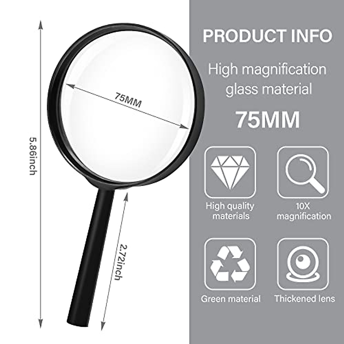 Feosky Handheld Reading Magnifier, 10X Magnifier, 75mm Glass Lens, Rubbery with Non-Slip Soft Handle for Seniors Reading and Kids Nature Exploration