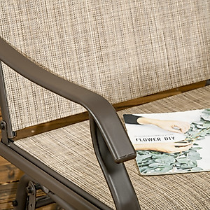 Outsunny Outdoor Glider Chairs with Coffee Table, Patio 2-Seat Rocking Chair Swing Loveseat with Breathable Sling for Backyard, Garden, and Porch, Light Brown