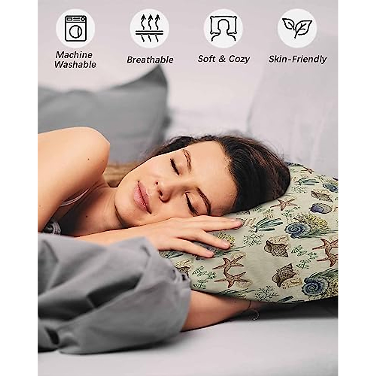 Edwiinsa Summer Beach Pillow Covers Queen Size Set of 2 20x30 Bed Pillow, Ocean Coastal Conch Shell Starfish Farmhouse Plush Soft Comfort for Hair/Skin Cooling Pillowcases with Envelop Closure