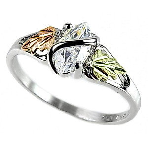 Marquise CZ with Leaf Slim-Profile Ring, Sterling Silver, 12k Green and Rose Black Hills Gold Size 9.75