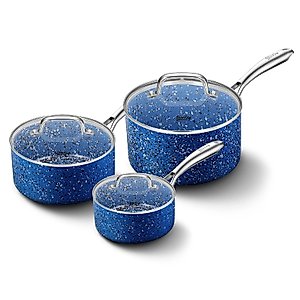 HLAFRG Nonstick Premium 3-Piece Saucepan Set with Glass Lids, Natural Durable Granite Coating, Nonstick, Durable & Oven Safe to 450°F, 1&2&3QT, Blue