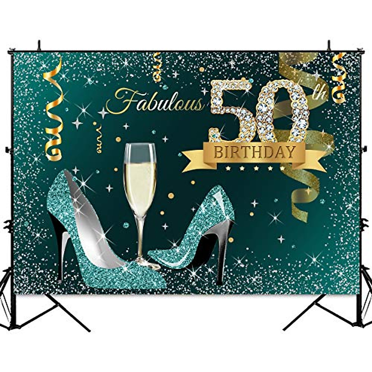 Sensfun Teal Gold Happy 50th Birthday Backdrop Glitter Silver Dots High Heels Champagne Glass Photography Background for Women Fabulous 50 Birthday Party Decorations Banner Photo Backdrops 7x5ft
