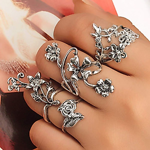 SEniutarm Engagement Love Rings Wedding Bands 4Pcs Women Vintage Stereo Flower Leaves Midi Finger Knuckle Rings Set Jewelry for Women/Girl Finger Rings DIY Jewelry Gifts - Silver