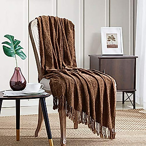 BOURINA Chenille Throw Blanket with Decorative Fringe for Couch Sofa Chair Blanket (50x60 Inches) Brown