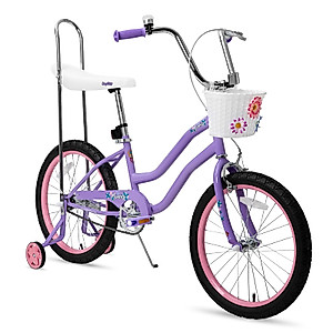 JOYSTAR 20 Inch Girls Bike with Training Wheels, Banana Seat Bike for Girls Ages 7-12 Years Old, Kids' Girls Bicycle with Front Handbrake and Coaster Brakes, Kickstand Included Purple
