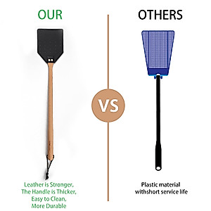 DEBETOOL 2 Pack Sturdy Leather Fly Swatter for Indoors - (19.7”)Long Handle Heavy Duty Wood Fly Swatter With Hanging Rope, Durable Fly Swatter for Outdoor Rustic Bug Swatter Flies,Mosquitoes And Bees