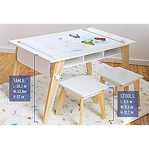 Wildkin Kids Arts and Crafts Table Set for Boys and Girls, Mid Century Modern Design Table Includes Two Stools, Paper and Storage Cubbies Underneath Helps Keep Art Supplies Organized (White)