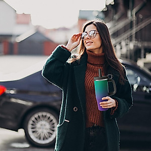 ZZT 40 oz Tumbler with Handle and Straw Lid,Leak Proof Metal Sports Water Bottle Jug,Stainless Steel Insulated Travel Coffee Mug-Fits in Cup Holder-Gifts for Women & Men(Green Purple)