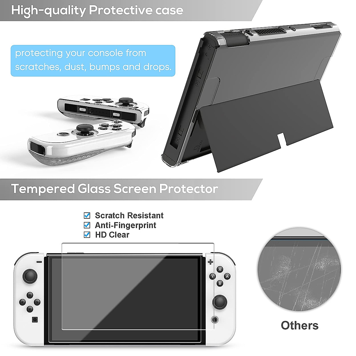 Accessories Bundle for Switch OLED, All in 1 Accessories Kits for Switch OLED 2021 Model：Case & Screen Protector, Hand Grips & Racing Wheels for Joy con, Controller Charger Dock, Carrying Case & More